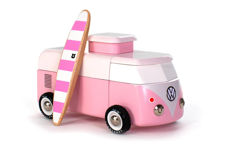Candylab Toys VW Beach Bus Pink wooden car with striped surfboard ...